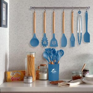 MIBOTE 17 Pcs Silicone Cooking Kitchen Utensils Set with Holder, Wooden Handles BPA Free Silicone Turner Tongs Spatula Spoon Kitchen Gadgets Utensil Set for Nonstick Cookware (Blue)