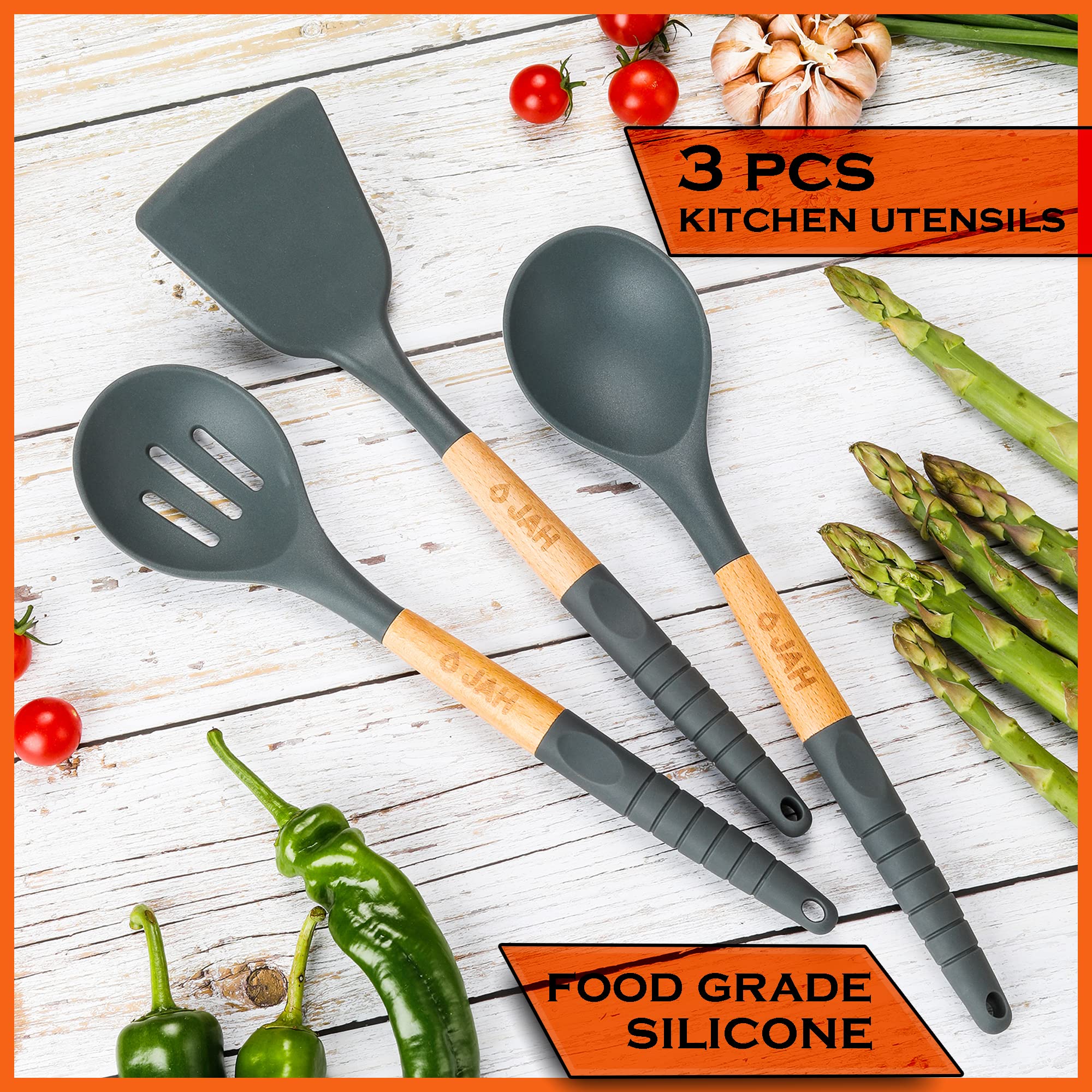 Silicone Kitchen Utensils Set 3Pcs, Non Stick Cookware Utensils Set, BPA Free Silicone Utensils Set for Cooking, Easy Grip Kitchen Cooking Utensils Set Heat Resistant