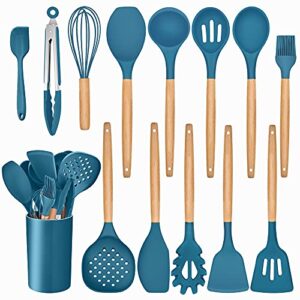 leonyo 14 pcs kitchen cooking utensils set with holder, silicone kitchen gadgets spatula set for nonstick cookware, cooking tools with tongs, spoons, spatulas, turners, ladles, wooden handle, blue