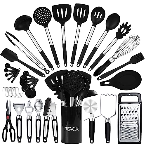 40PCs Silicone Cooking Utensils Set 446℉ Heat Resistance, RFAQK BPA Free Kitchen Utensils Set for Nonstick Cookware, Gadgets includes Can Opener, Potato Smasher,Peeler,Tongs,Spatula Set,Pizza Cutter