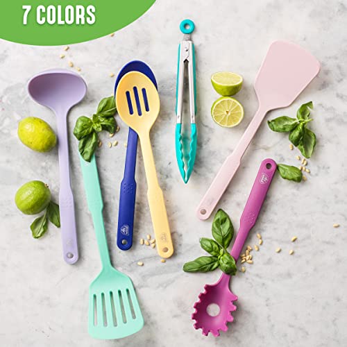 GreenLife Cooking Tools and Utensils, 7 Piece Nylon Set including Spatulas Turner Spoons and Tongs, Dishwasher Safe, Blue