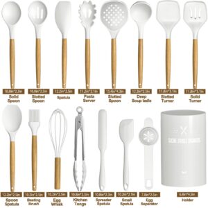 AIKKIL Silicone Cooking Kitchen Utensils Set, 16 Pcs Cooking Utensils Set with Holder, Heat Resistance, White Wooden Handle Silicone Kitchen Gadgets Utensil Set for Nonstick Cookware