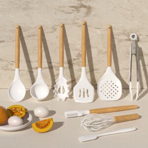 AIKKIL Silicone Cooking Kitchen Utensils Set, 16 Pcs Cooking Utensils Set with Holder, Heat Resistance, White Wooden Handle Silicone Kitchen Gadgets Utensil Set for Nonstick Cookware