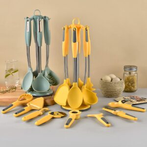 Cooking Utensils Set, 15PC Silicone Kitchen Utensils with Stand, 446℉ Heat-resistant Spatula Set with Stainless Steel Handles for Nonstick Cookware, Kitchen Tools Set for Home Kitchen (Yellow)