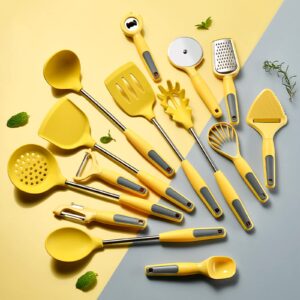 Cooking Utensils Set, 15PC Silicone Kitchen Utensils with Stand, 446℉ Heat-resistant Spatula Set with Stainless Steel Handles for Nonstick Cookware, Kitchen Tools Set for Home Kitchen (Yellow)