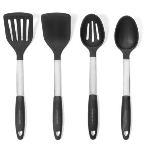 daily kitchen utensil set silicone and stainless steel - heat resistant cooking utensils for non stick cookware - silicone spatulas and spoons for cooking, baking, fried, mixing, serving - 4-piece set