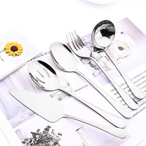 Snplowum 35-Piece Mirror Silver Flatware Set, 18/0 Stainless Steel Cutlery Set With Seriving Utensils For 6, Home Restaurant Silverware Set With Cake Knife, Colander, Soup Spoon, Dishwasher Safe