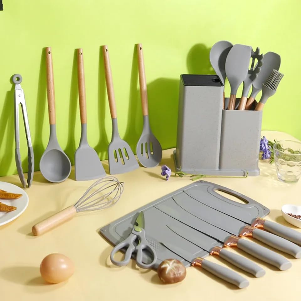 N&B Kitchen Cooking Utensils (19 Pieces, Grey)