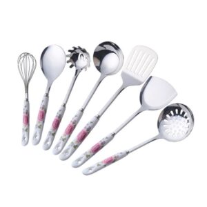 7-piece stainless steel cooking utensils set with ceramic handle and holder, kitchen utensil tableware set, spatula, turner spatula, ladle, serving spoon, slotted spoon, pasta server, whisk