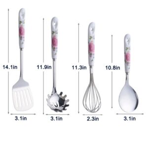 7-Piece Stainless Steel Cooking Utensils Set with ceramic Handle and Holder, Kitchen Utensil Tableware Set, Spatula, Turner Spatula, Ladle, Serving Spoon, Slotted Spoon, Pasta Server, Whisk