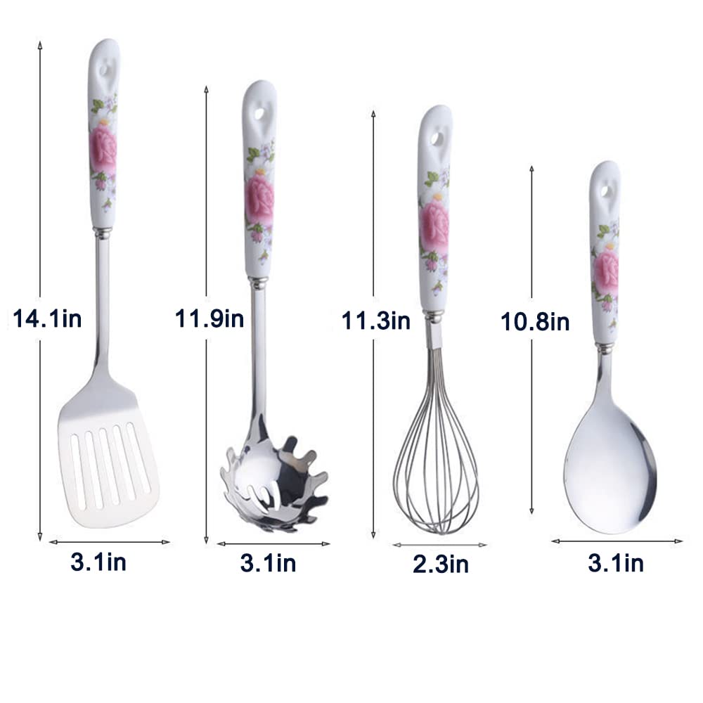 7-Piece Stainless Steel Cooking Utensils Set with ceramic Handle and Holder, Kitchen Utensil Tableware Set, Spatula, Turner Spatula, Ladle, Serving Spoon, Slotted Spoon, Pasta Server, Whisk