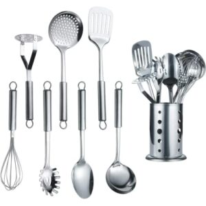 cooking utensils set 8 piece, stainless steel kitchen utensils set with utensil holder, kitchen tool set and caddy