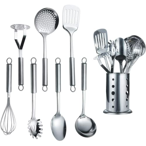 Cooking Utensils Set 8 Piece, Stainless Steel Kitchen Utensils Set with Utensil Holder, Kitchen Tool Set and Caddy