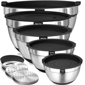 umite chef mixing bowls with airtight lids, 8pcs stainless steel nesting mixing bowls set, 3 grater attachments & non-slip bottoms, black kitchen bowls, size 5, 4, 3.5, 2, 1.5qt for baking & serving