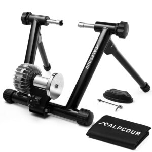 alpcour fluid bike trainer stand for indoor riding – portable foldable stainless steel trainer, noise reduction, progressive resistance, dual-lock system – road & mountain bikes' stationary exercise