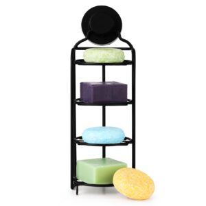 4 tier bar soap holder for shower wall, stainless steel self draining rustproof rack powerful no drilling shampoo bar holder with strong suction cup for shower wall bathroom kitchen (black)