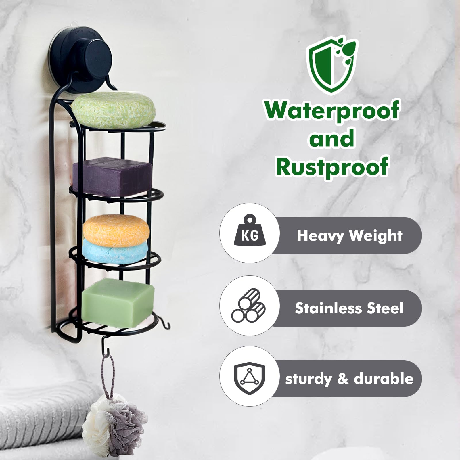 4 Tier Bar Soap Holder for Shower Wall, Stainless Steel Self Draining Rustproof Rack Powerful No Drilling Shampoo Bar Holder with Strong Suction Cup for Shower Wall Bathroom Kitchen (Black)