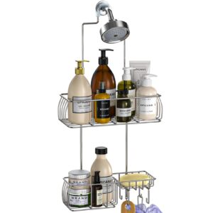 epicano anti-swing hanging shower caddy stainless steel 304, over head shower caddy rustproof with hooks for towels, sponge and more, chrome