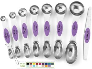 spring chef stainless steel magnetic measuring spoons set of 8 with leveler, nesting metal teaspoon & tablespoon measuring spoons for food, heavy duty kitchen gadgets for baking & cooking - orchid