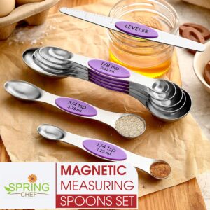 Spring Chef Stainless Steel Magnetic Measuring Spoons Set of 8 with Leveler, Nesting Metal Teaspoon & Tablespoon Measuring Spoons for Food, Heavy Duty Kitchen Gadgets for Baking & Cooking - Orchid