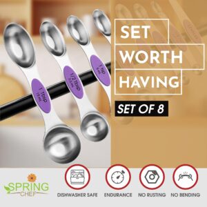 Spring Chef Stainless Steel Magnetic Measuring Spoons Set of 8 with Leveler, Nesting Metal Teaspoon & Tablespoon Measuring Spoons for Food, Heavy Duty Kitchen Gadgets for Baking & Cooking - Orchid