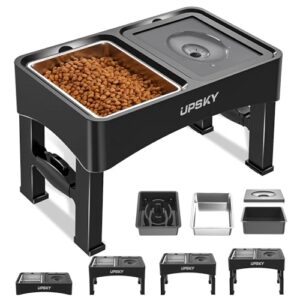 upsky 3-in-1 elevated dog bowls slow feeder, 4 height adjustable raised dog bowl stand no spill dog water bowl dispenser, stainless steel dog food bowl and water bowl for small medium dogs, black