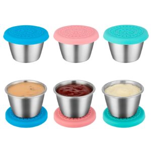 freshmage [6 pack 2.4oz] stainless steel dressing container with silicone lids, reusable leakproof condiment containers small sauce container sets