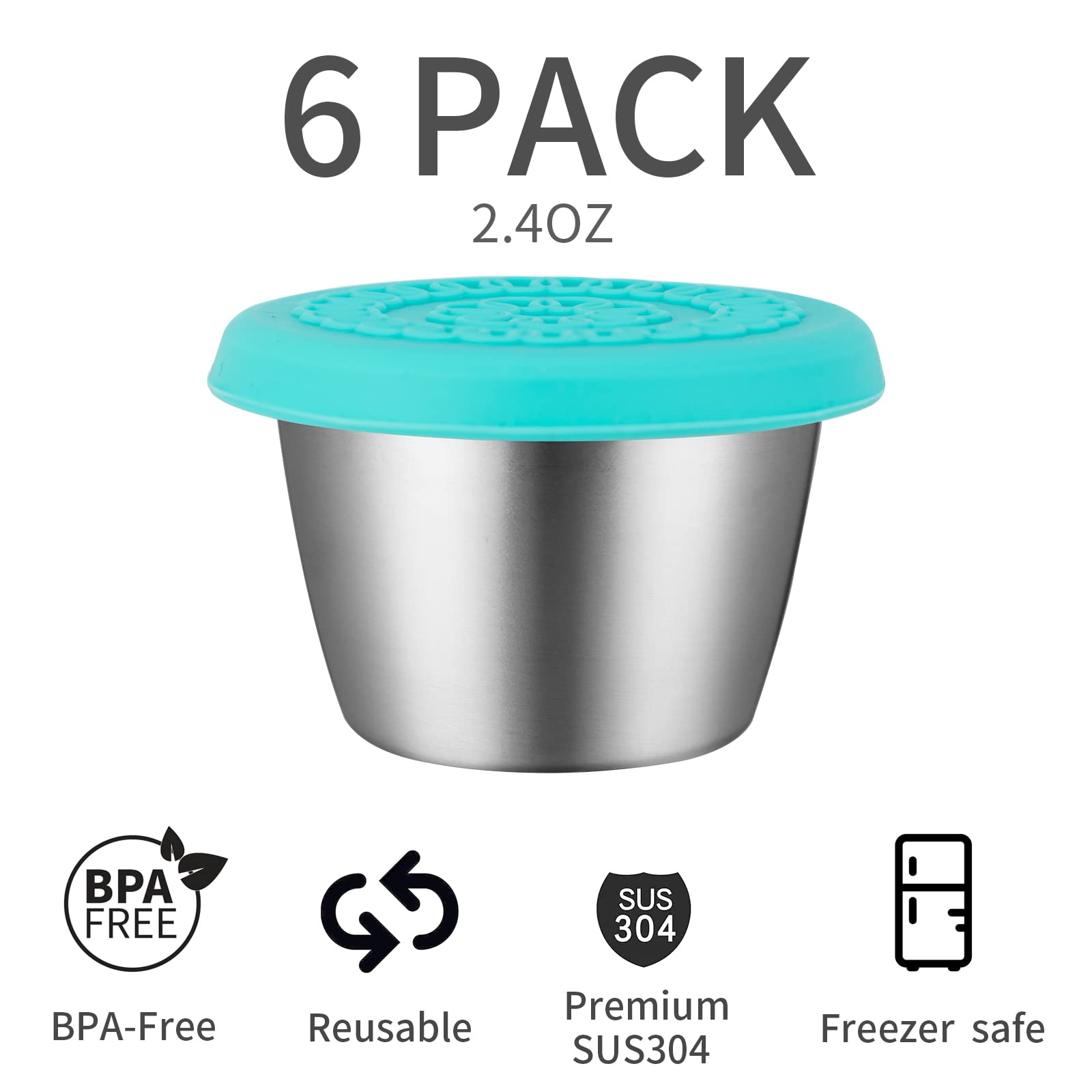 Freshmage [6 Pack 2.4oz] Stainless Steel Dressing Container with Silicone Lids, Reusable Leakproof Condiment Containers Small Sauce Container Sets