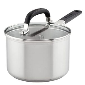 kitchenaid stainless steel saucepan with measuring marks and lid, 2 quart, brushed stainless steel