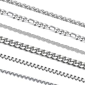 olarcu 6 pcs silver chains, stainless steel cuban link/rope/box/figaro/square rolo/wheat chain necklace jewelry set for women men, 20 inches