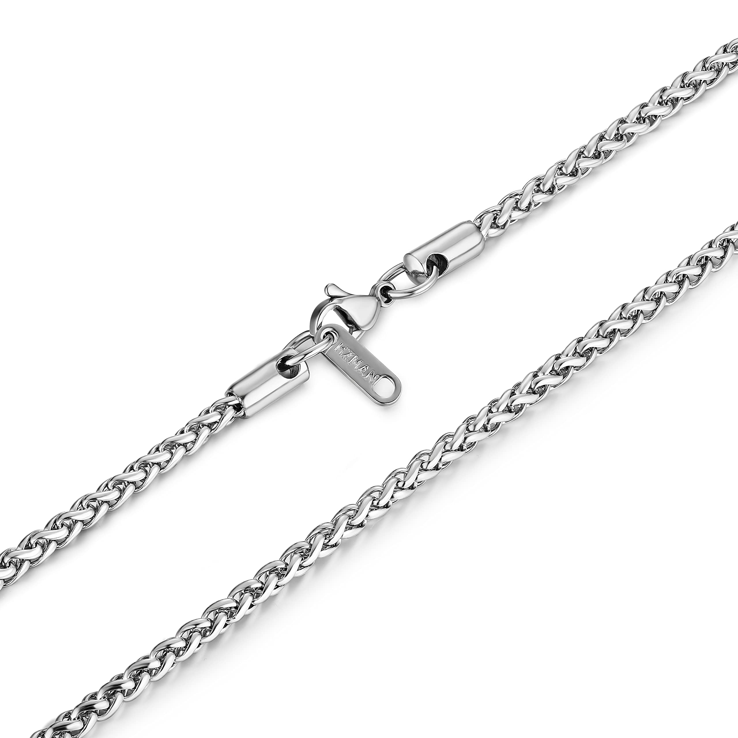 HZMAN 3.0mm Stainless Steel Wheat Silver Chain Necklaces for Men & Women 16" -30"