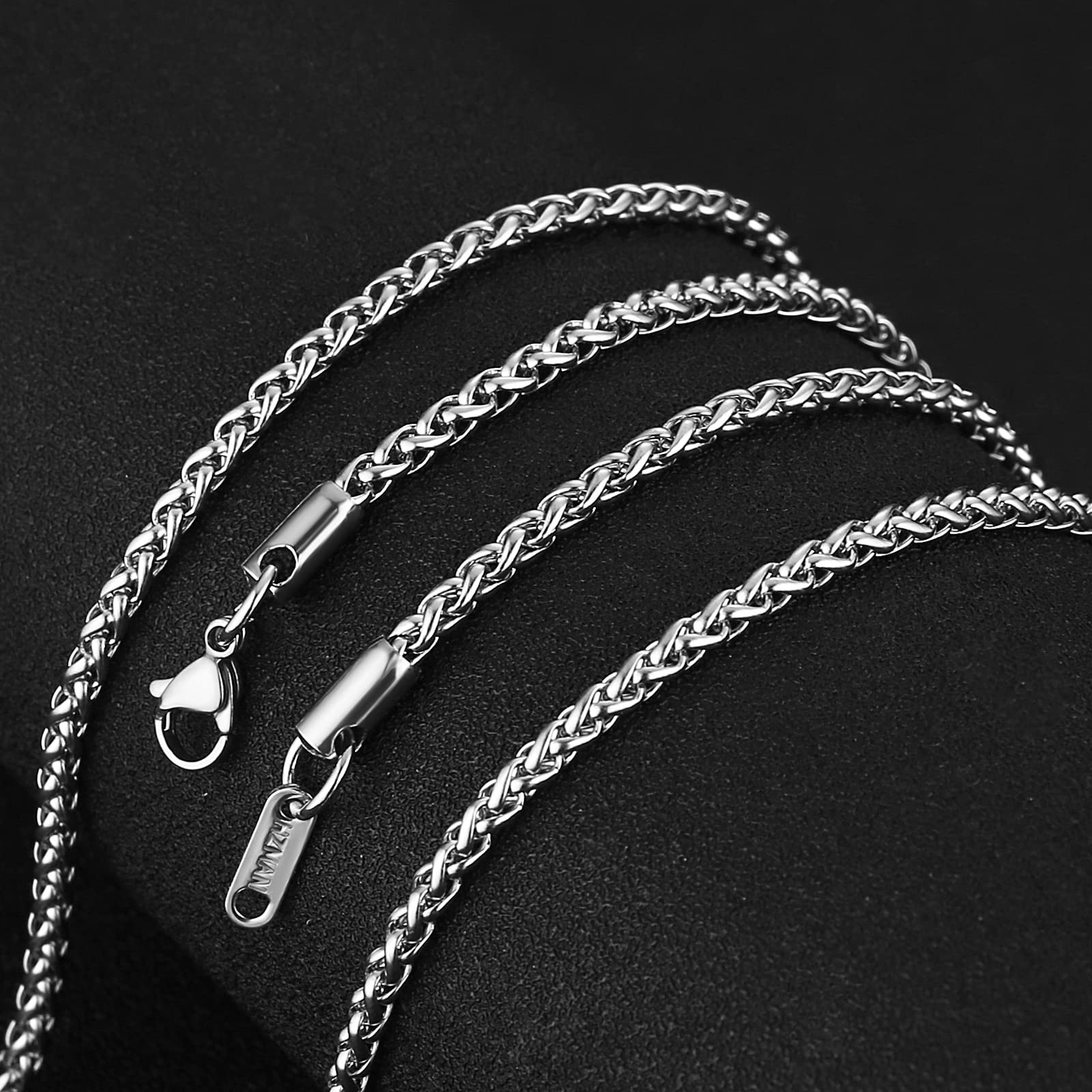 HZMAN 3.0mm Stainless Steel Wheat Silver Chain Necklaces for Men & Women 16" -30"