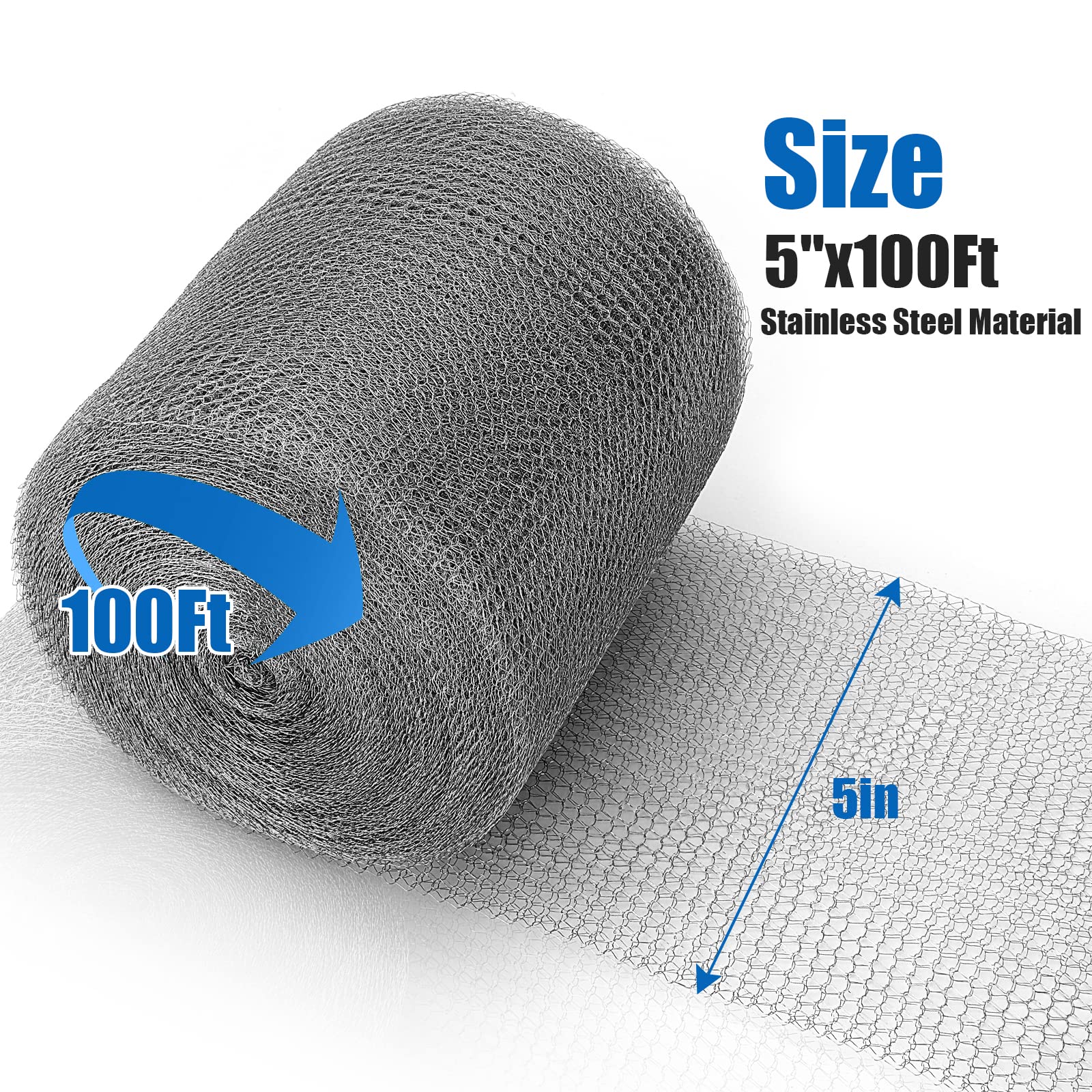 Valchoose Upgraded Not Rusty 5”X 100 Ft Stainless Steel Mesh Roll, Flexible Stainless Steel Wool Holding up Well Tight Spots, Wire Mesh Hole Fill Fabric, Stainless Steel Mesh Gap Blocker Easy to Work