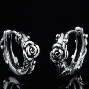 Retro Vintage Stainless Steel Rose Flower Style Wedding Statement Party Holiday Hoop Earrings