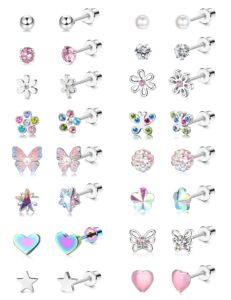 loyallook 16pairs screwback earrings for women pearl cz ball heart tiny small studs earring cute butterfly flower stainless steel multicolor screw back stud earrings