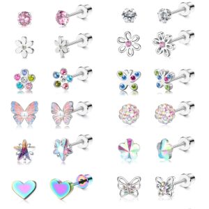 LOYALLOOK 16Pairs Screwback Earrings for Women Pearl CZ Ball Heart Tiny Small Studs Earring Cute Butterfly Flower Stainless Steel Multicolor Screw Back Stud Earrings