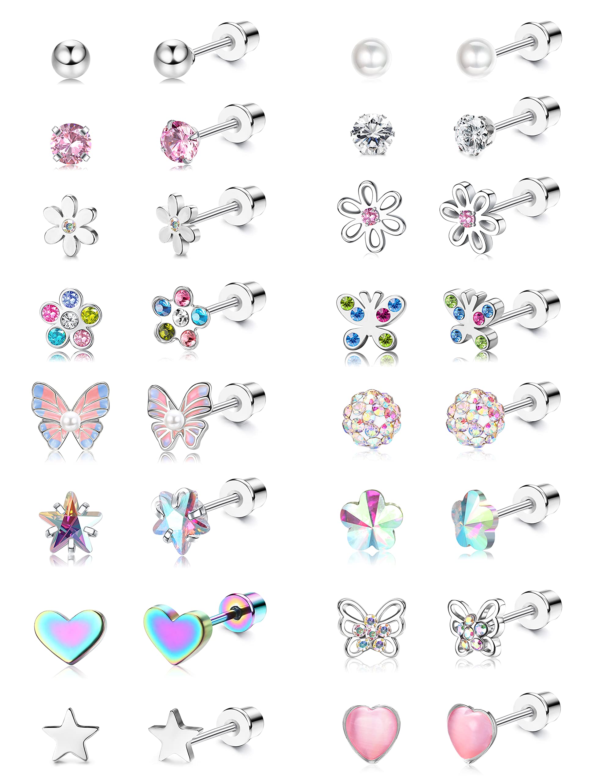 LOYALLOOK 16Pairs Screwback Earrings for Women Pearl CZ Ball Heart Tiny Small Studs Earring Cute Butterfly Flower Stainless Steel Multicolor Screw Back Stud Earrings