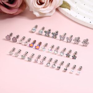 LOYALLOOK 16Pairs Screwback Earrings for Women Pearl CZ Ball Heart Tiny Small Studs Earring Cute Butterfly Flower Stainless Steel Multicolor Screw Back Stud Earrings