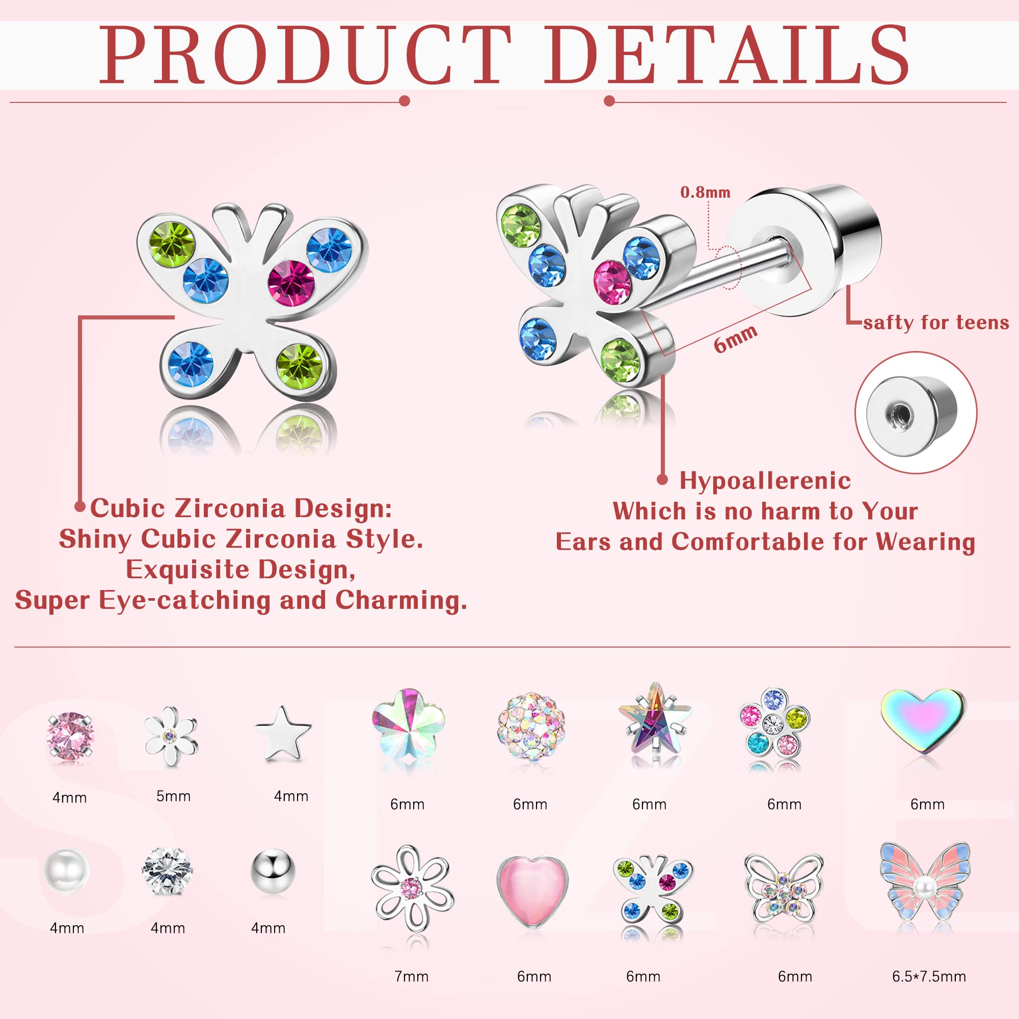 LOYALLOOK 16Pairs Screwback Earrings for Women Pearl CZ Ball Heart Tiny Small Studs Earring Cute Butterfly Flower Stainless Steel Multicolor Screw Back Stud Earrings