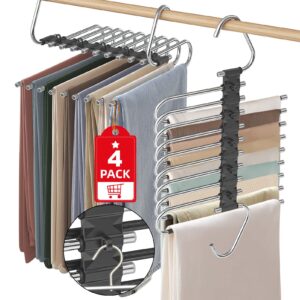 upgrade 9 layers pant hangers space saving, non slip stainless steel multifunctional pants rack s-type clothes pant closet hanger organizer with hooks for pants jeans trousers scarf (4 pack, black)