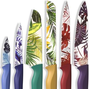 astercook knife set, 12pcs colorful tropical designs kitchen knife set, palm leaf color-coded coated stainless steel kitchen knives with 6 blade guards, dishwasher safe