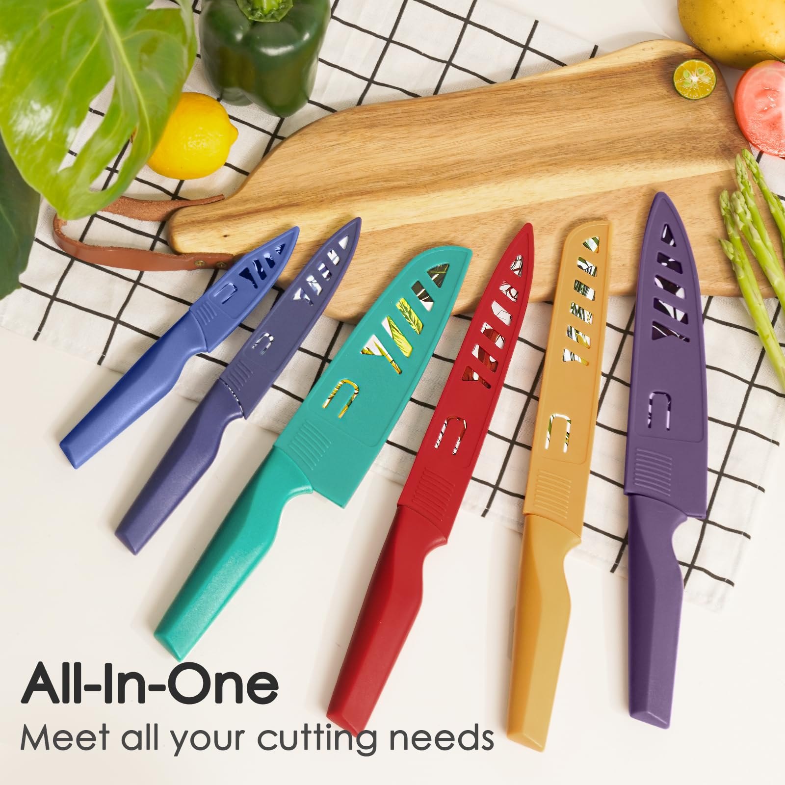 Astercook Knife Set, 12Pcs Colorful Tropical Designs Kitchen Knife Set, Palm Leaf Color-Coded Coated Stainless Steel Kitchen Knives with 6 Blade Guards, Dishwasher Safe