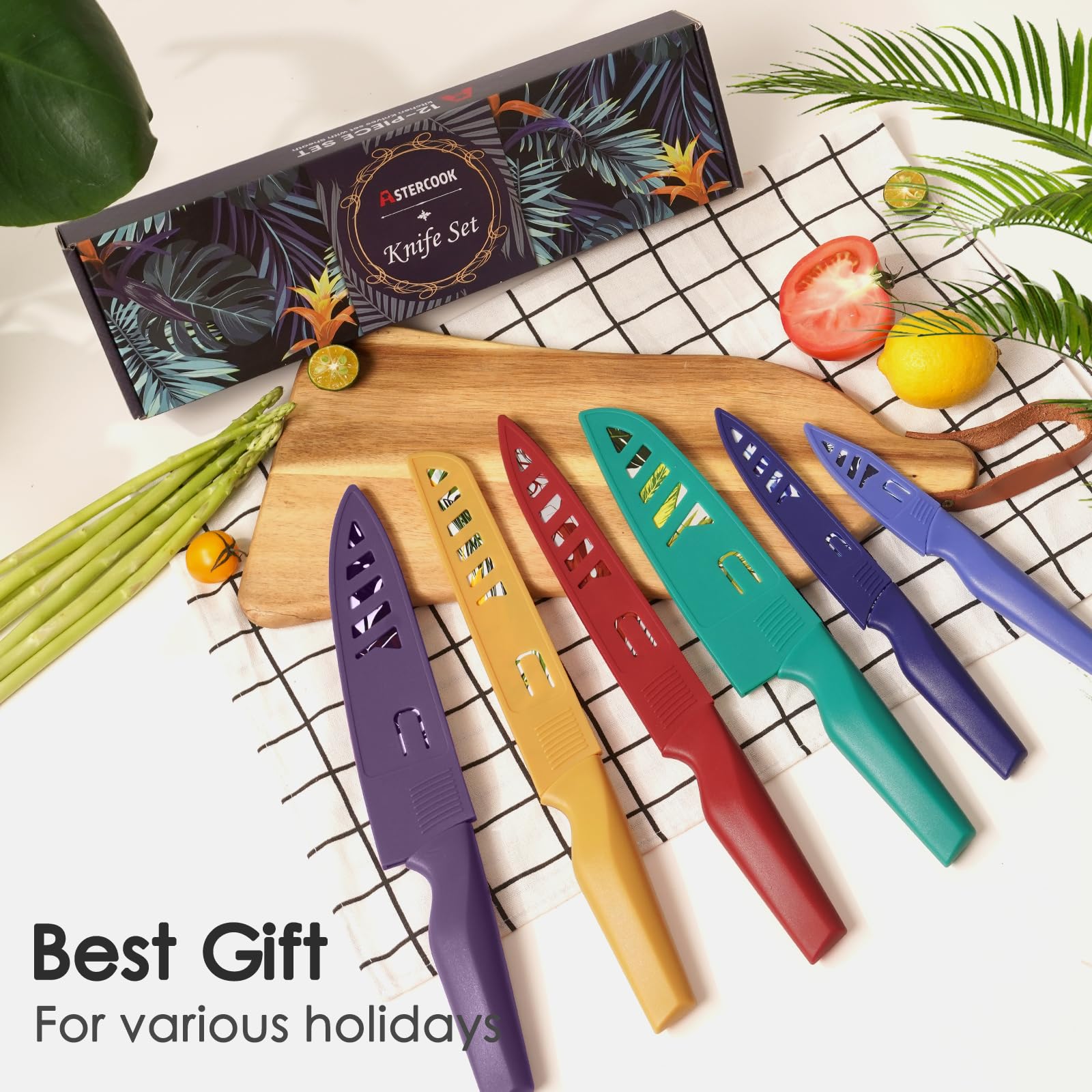 Astercook Knife Set, 12Pcs Colorful Tropical Designs Kitchen Knife Set, Palm Leaf Color-Coded Coated Stainless Steel Kitchen Knives with 6 Blade Guards, Dishwasher Safe