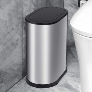 anzoymx stainless steel bathroom trash cans 1.8 gallons small garbage can with pop up lid, dog proof narrow wastebasket, slim waterproof litter trash bins set for bedroom, toilet, office (silver)