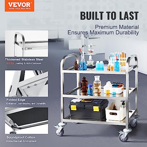 VEVOR Stainless Steel Cart, 3 Layers Lab Utility Cart 400 lbs Weight Capacity, Medical Cart with Lockable Universal Wheels, for Lab, Clinic, Kitchen, Salon