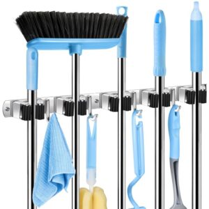 romise mop broom holder wall mount, laundry broom holder organizer storage tool wall hanging with 5 racks 4 hooks, stainless steel heavy duty garage self adhesive tool hanger for home garden kitchen