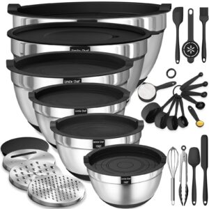 umite chef mixing bowls with airtight lids, 26pcs stainless steel bowls set, 3 grater attachments & black non-slip bottoms size 7, 4, 2.5, 2.0,1.5, 1qt, great for mixing & serving