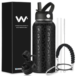 werewolves personalized insulated water bottle with paracord handle straw lid & spout lid, vacuum stainless steel wide mouth water bottle for adults (40oz, leopard print-black)