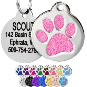 gotags paw print round stainless steel pet tag for dogs and cats, personalized with 4 lines of custom engraved id name and number, in stainless steel and 15 colors small and large, glitter light pink