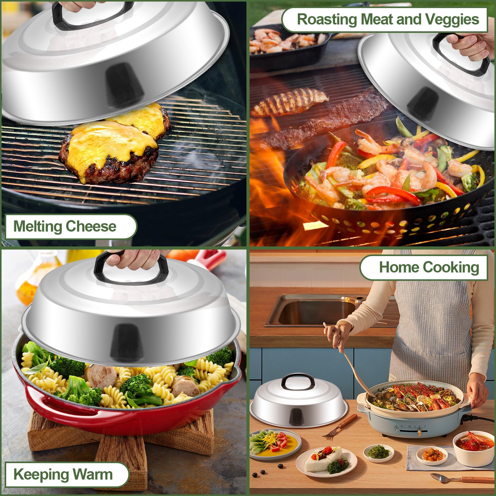 Cheese Melting Dome Set of 2-12 Inch Round Basting Cover - Stainless Steel - Metal Steam Cover - Griddle Accessories for Flat Top Grill Cooking Indoor or Outdoor